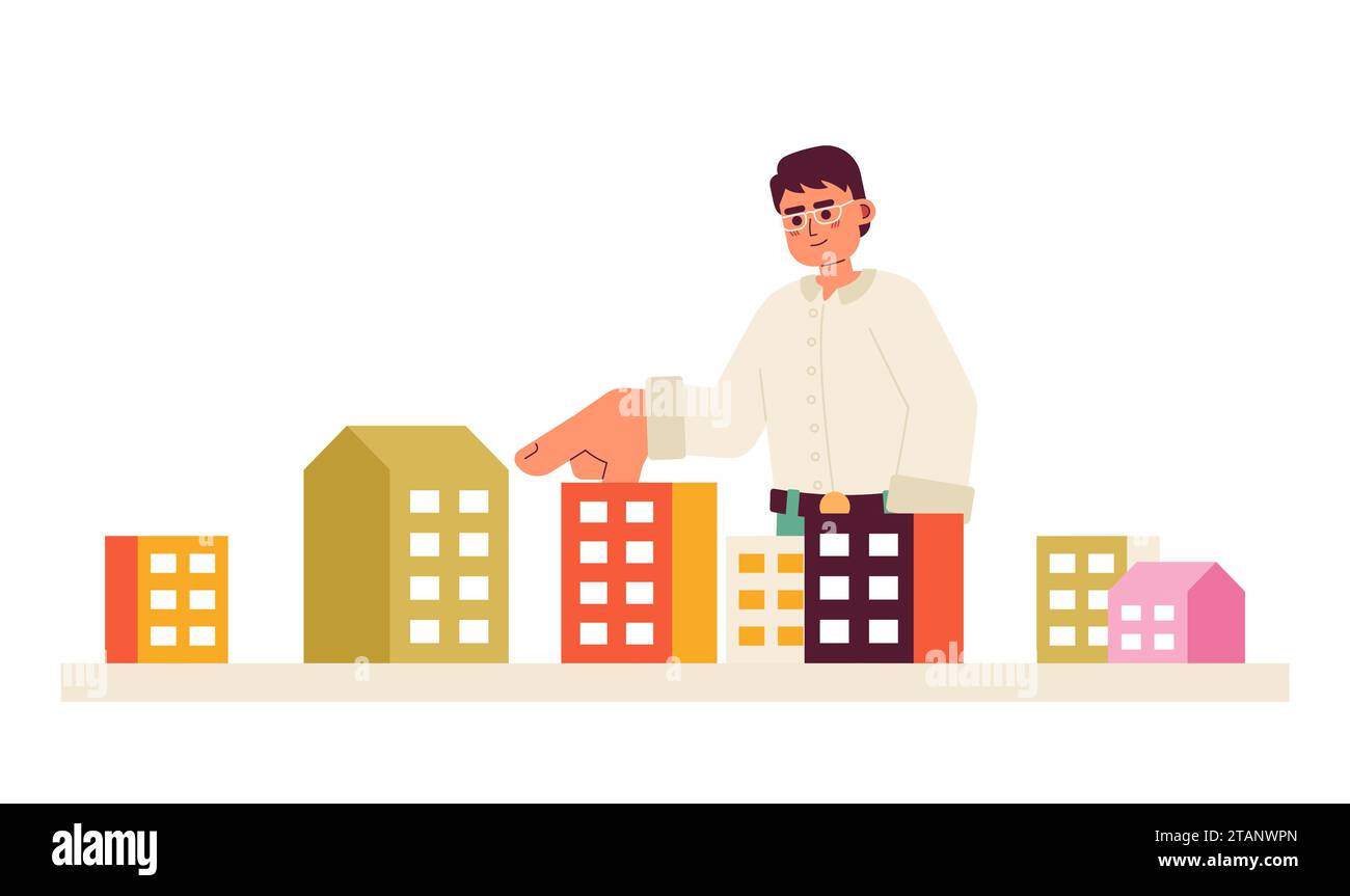 Eyeglasses man pointing apartment building unit 2D cartoon character ...