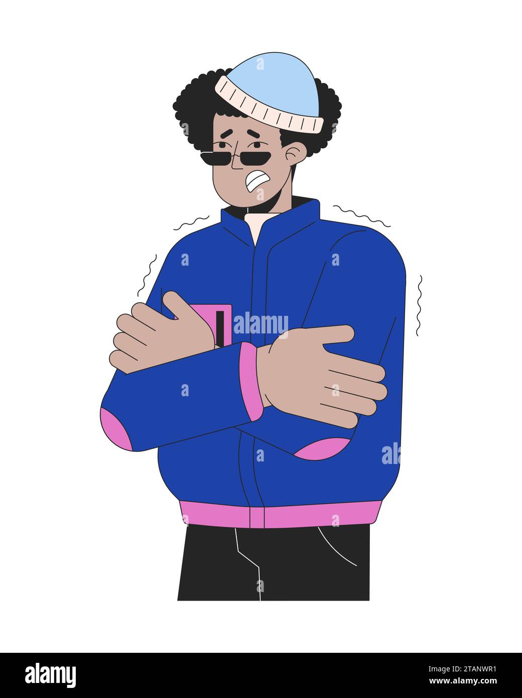Hispanic young man shivering from cold weather 2D linear cartoon ...