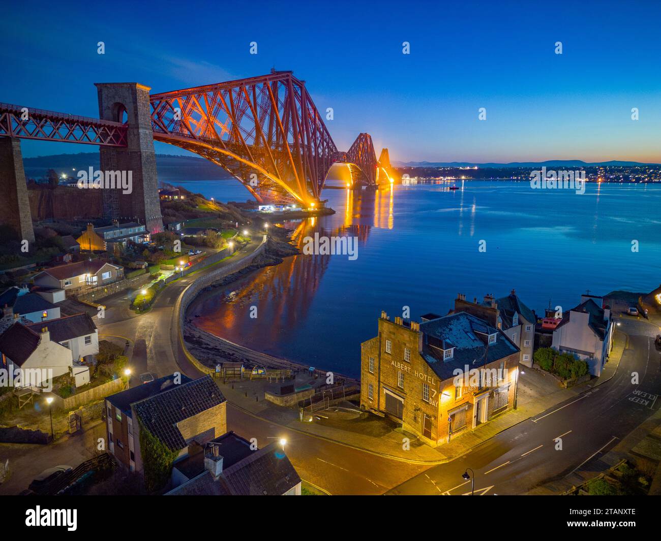 Aerial view from drone at dusk of North Queensferry village beside the ...