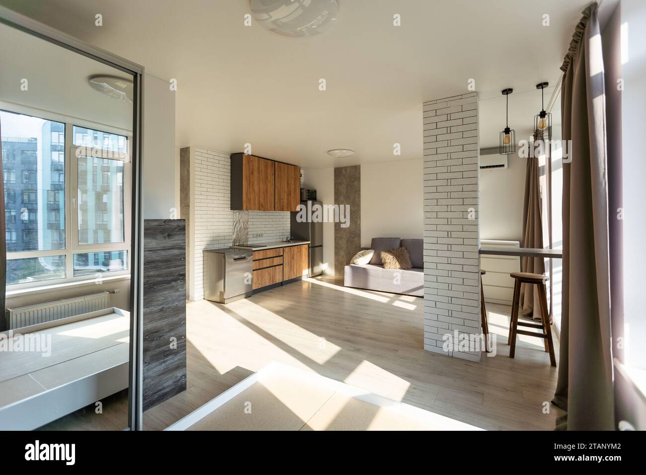 Interior of modern luxury apartment, empty attic, kitchen open space ...