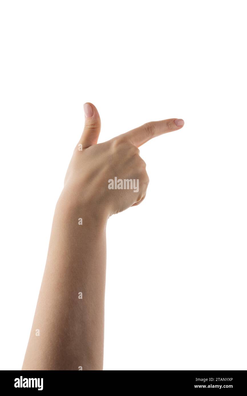 Young woman hand show direction isolated on white background, high ...