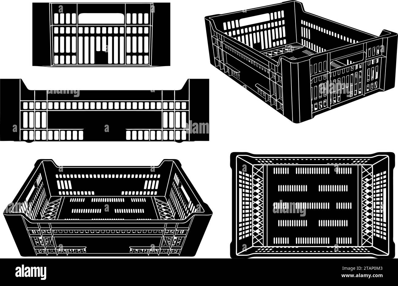 Collection of plastic fruit and vegetables crates in different ...