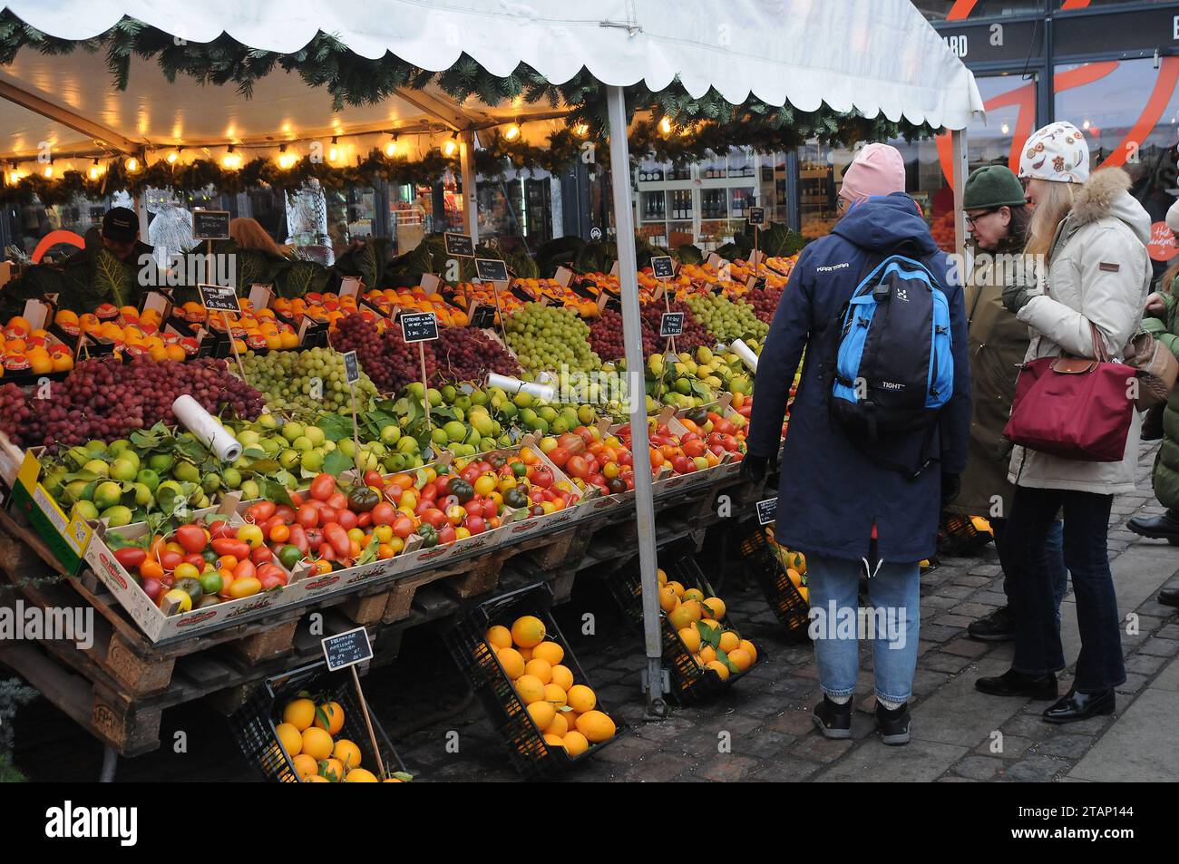 Copenhagen, Denmark /02 December 2023/Shoppers at farmers market or ...