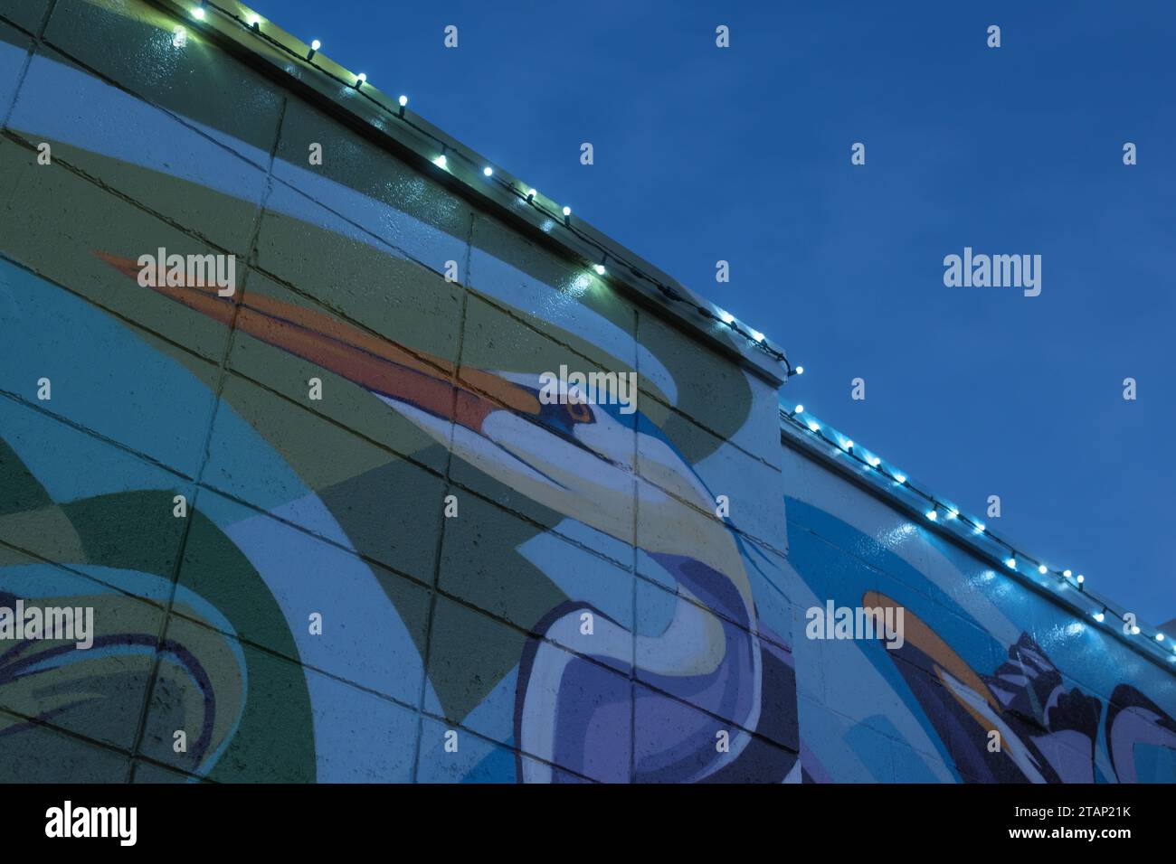 Detail of Ecology Triptych mural, and Christmas lights, on a building ...