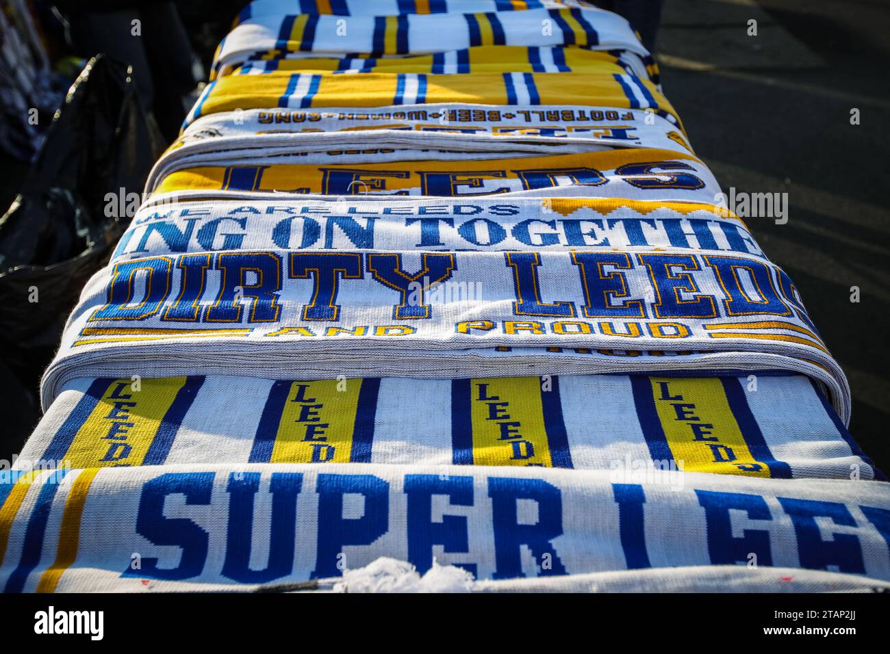 Merchandise on sale outside Elland Road Stadium ahead of the Sky Bet ...