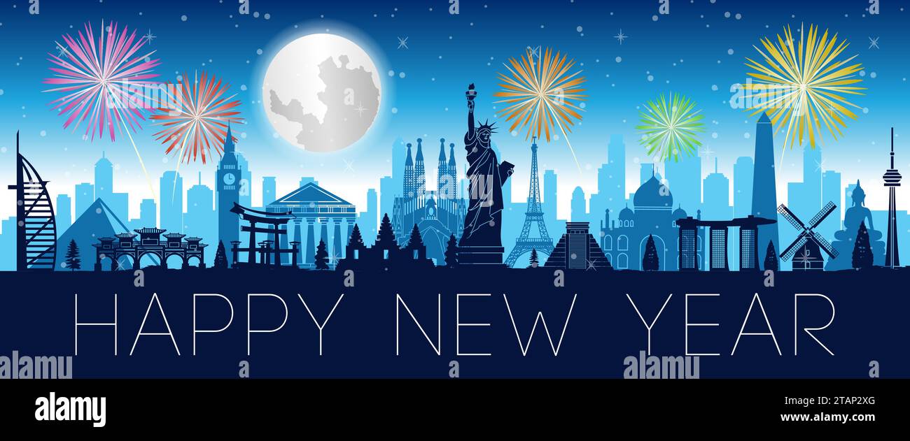 famous landmarks of the world in situation with happy new year night ...
