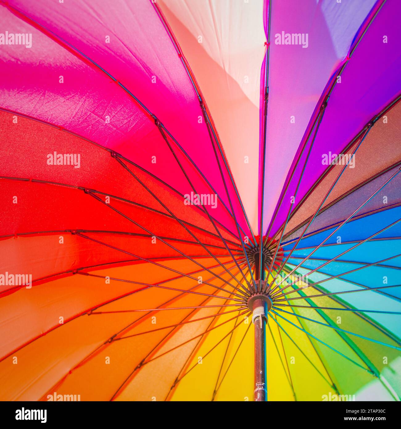 Brightly coloured umbrella image taken from beneath & showing support ...