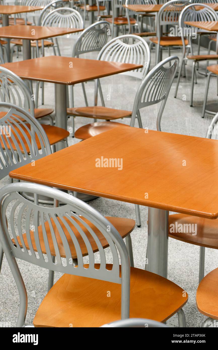 Empty cafe or restaurant, rows of tables and chairs, perspective point ...