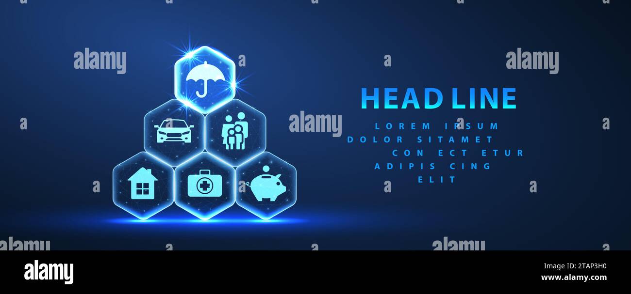 Complex insurance plan. Hexagons made pyramid with umbrella icon on the ...