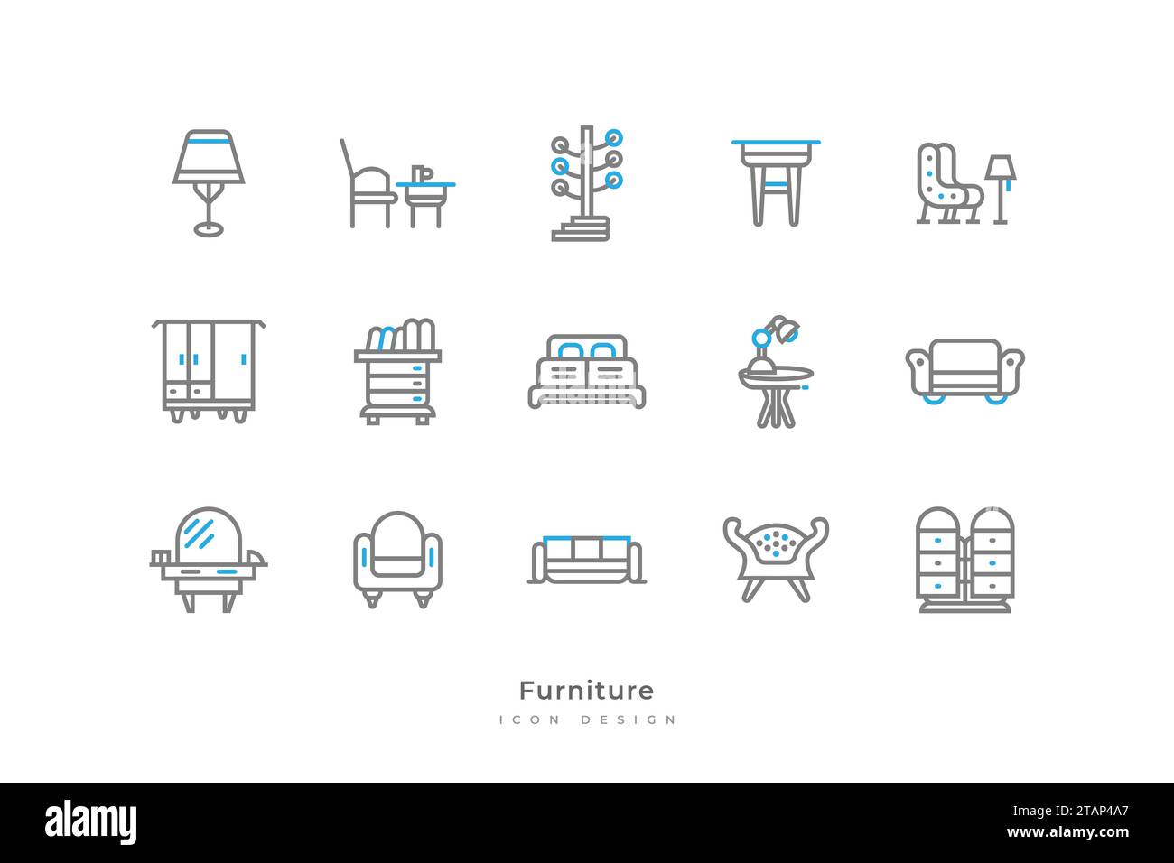 Set of Furniture Icons with Simple Line Style. Contains Lamp, Chair ...