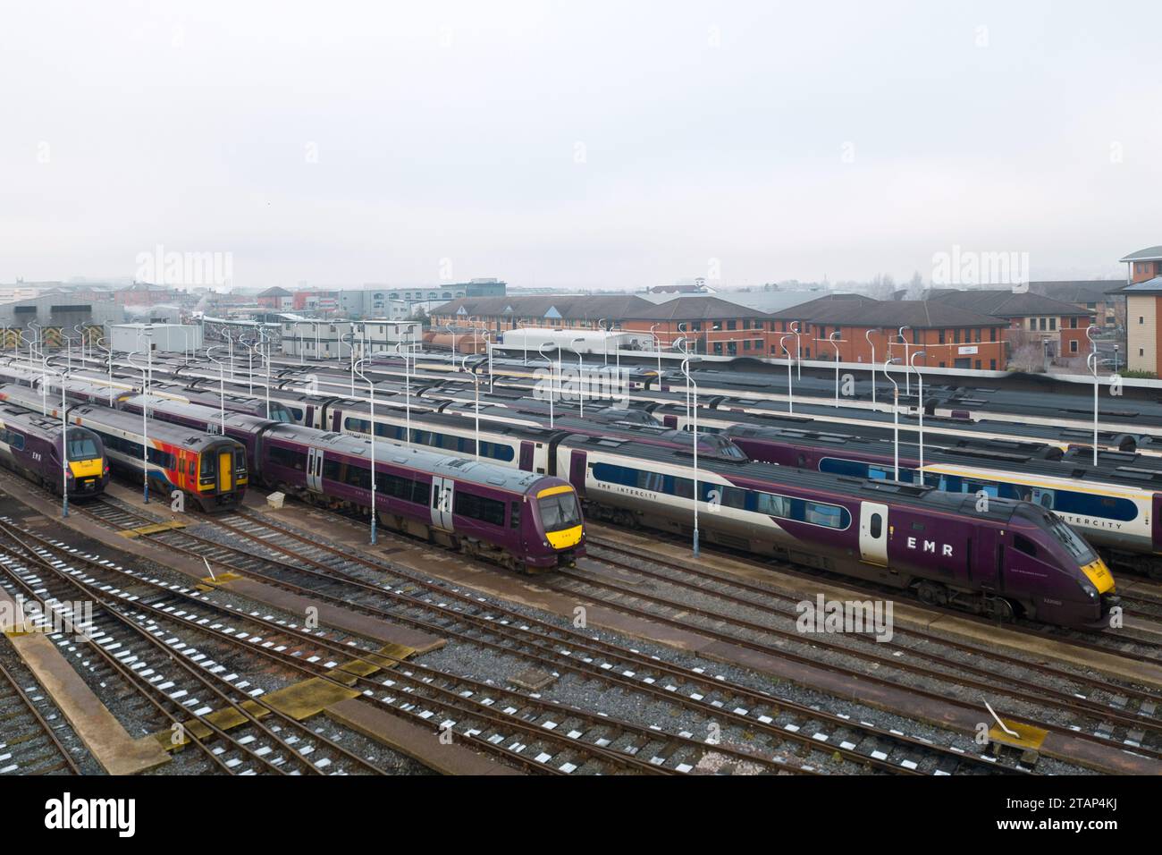 East Midlands Railway trains sit at a depot in Derby during a 24 hour ...