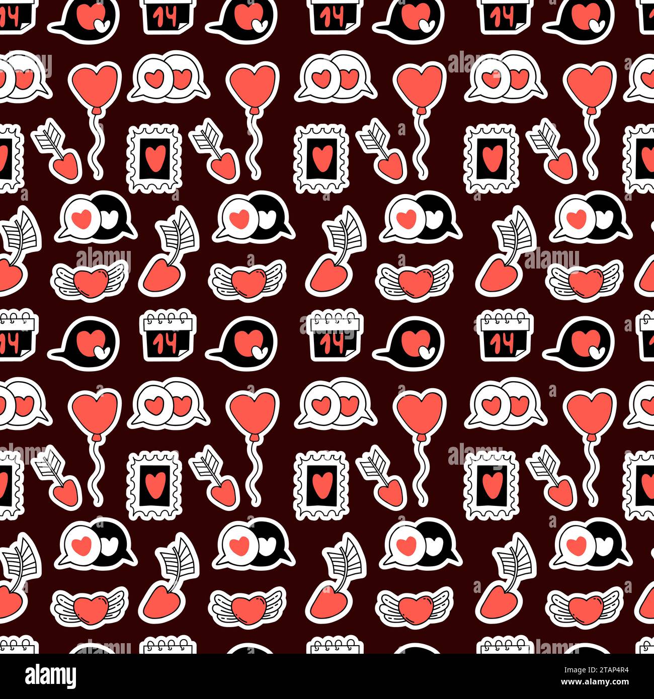 Seamless romantic valentine pattern. Love symbols, decor, hearts, gifts ...