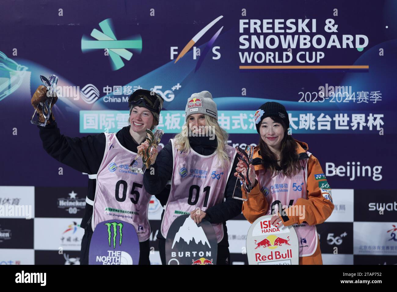 Beijing, China. 2nd Dec, 2023. Gold medalist Anna Gasser (C) of Austria ...