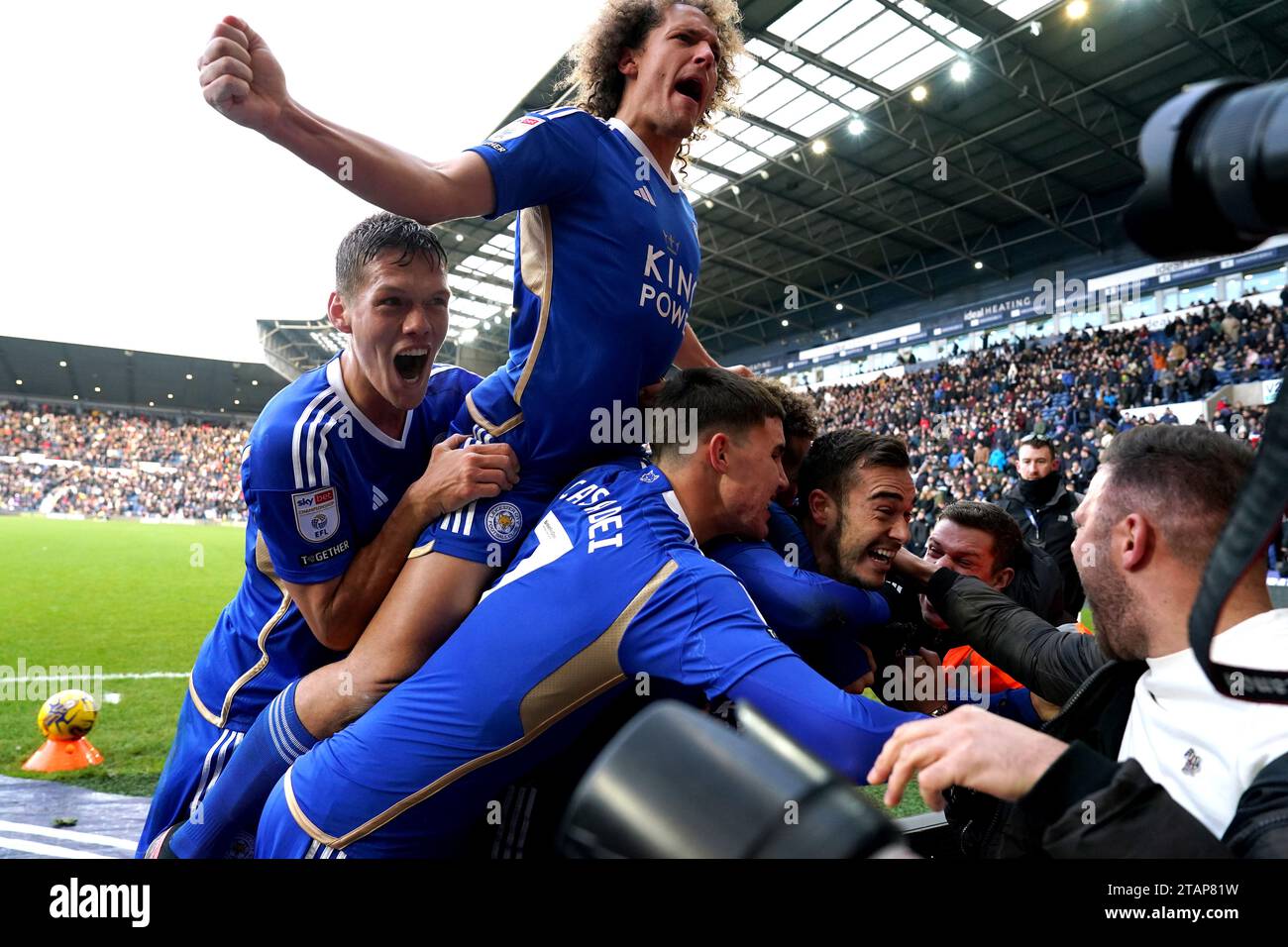 Leicester City's Wout Faes (top), Jannik Vestergaard and Cesare Casadei ...