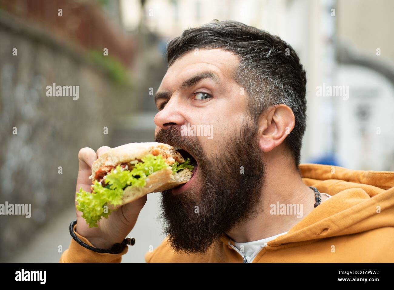 Food Overeating. Hungry guy eats fast food. Burger is not helpful food ...