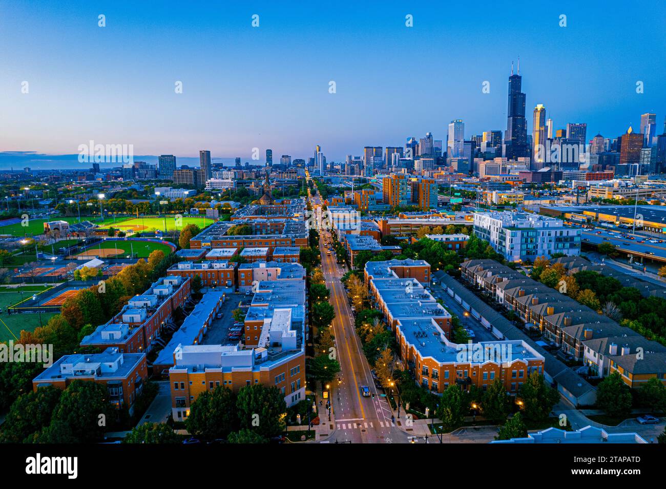 Aerial view of S Halsted street in front of the University of Illinois ...