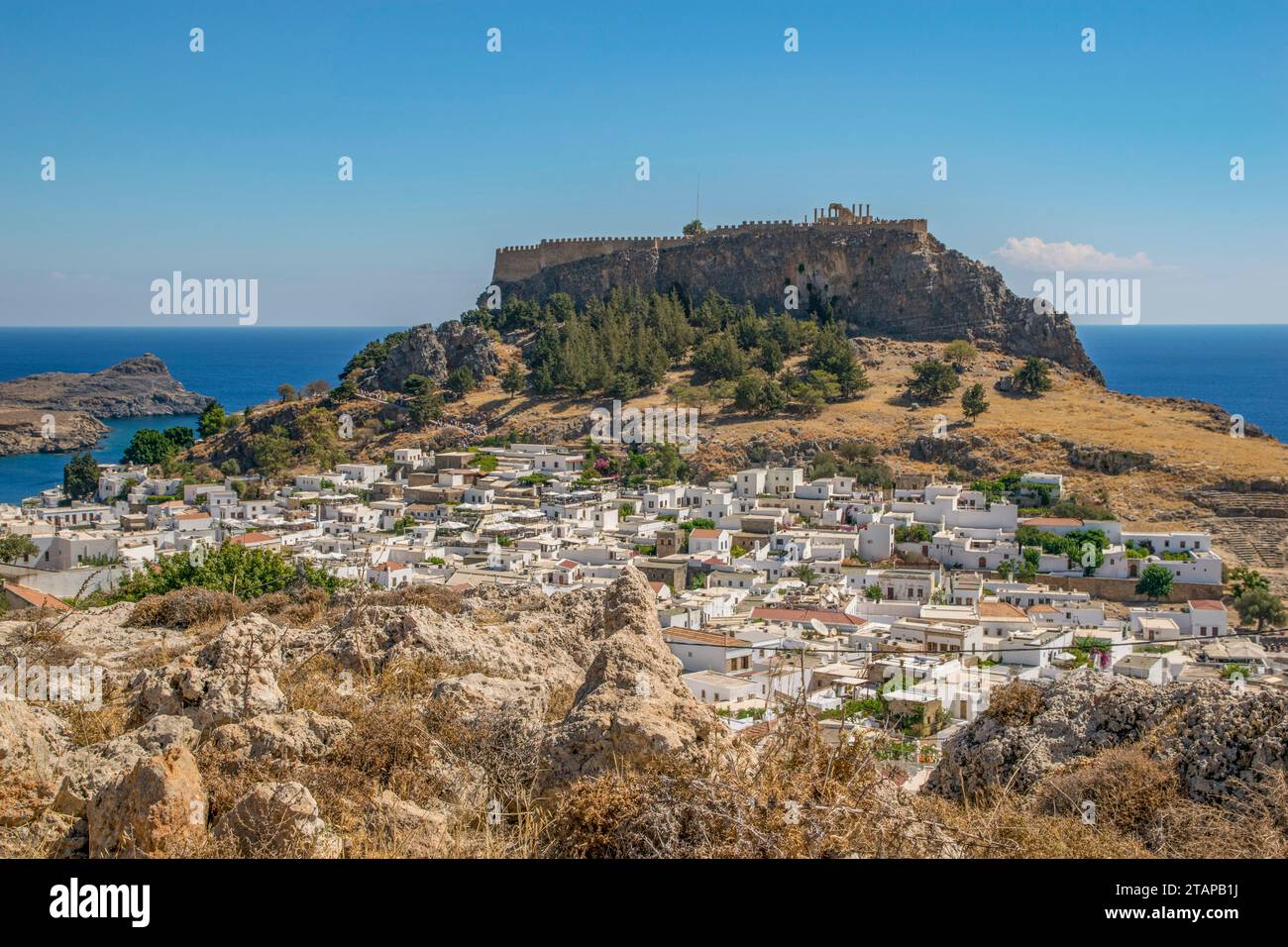 View of Lindos village and Acropolis, Rhodes Stock Photo - Alamy