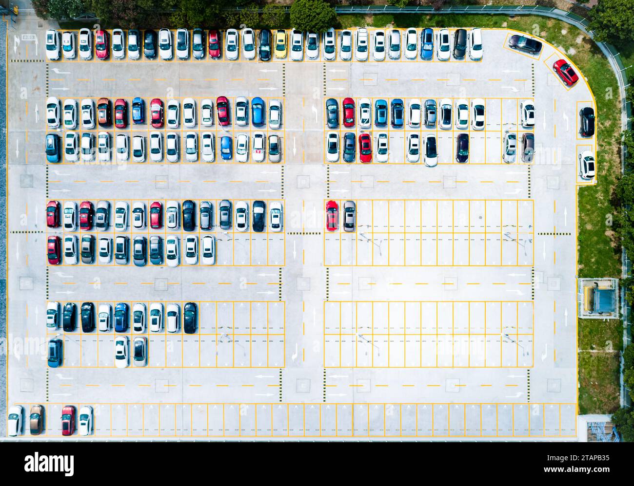 Aerial top down view a parking lot with cars of different colors Stock ...