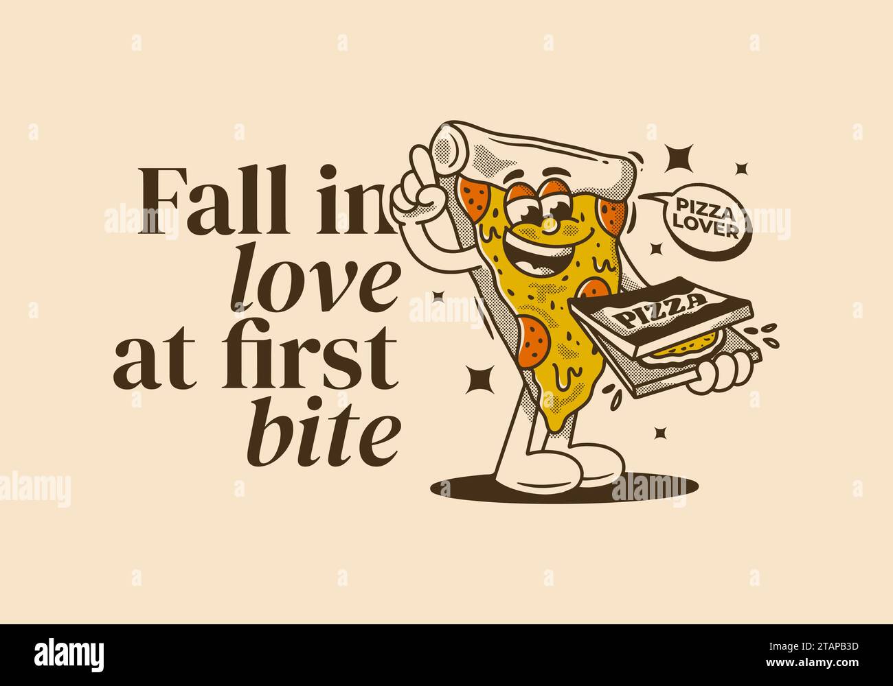 Fall in love at first bite. Mascot character of pizza holding a box ...
