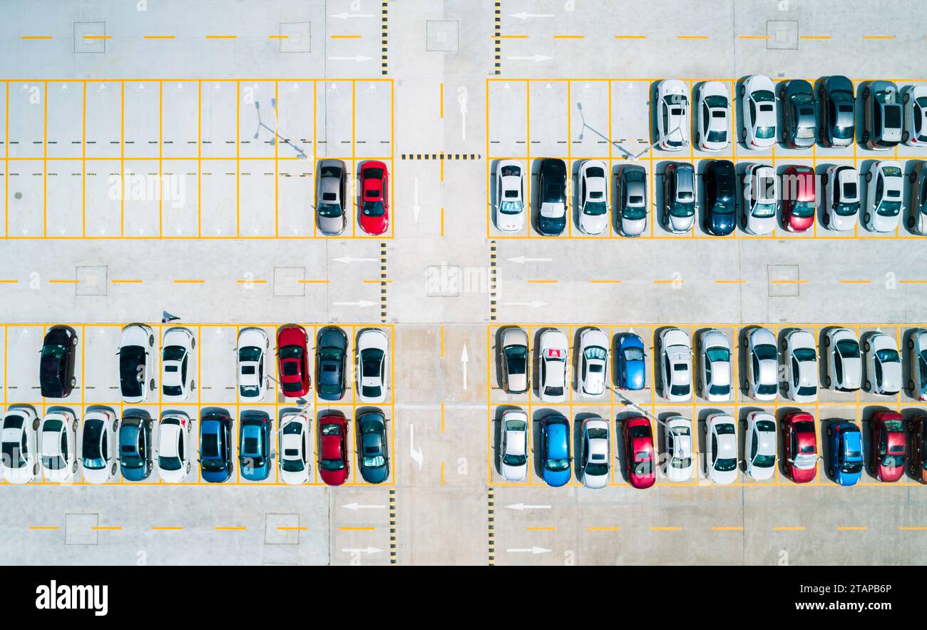 Aerial top down view a parking lot with cars of different colors Stock ...
