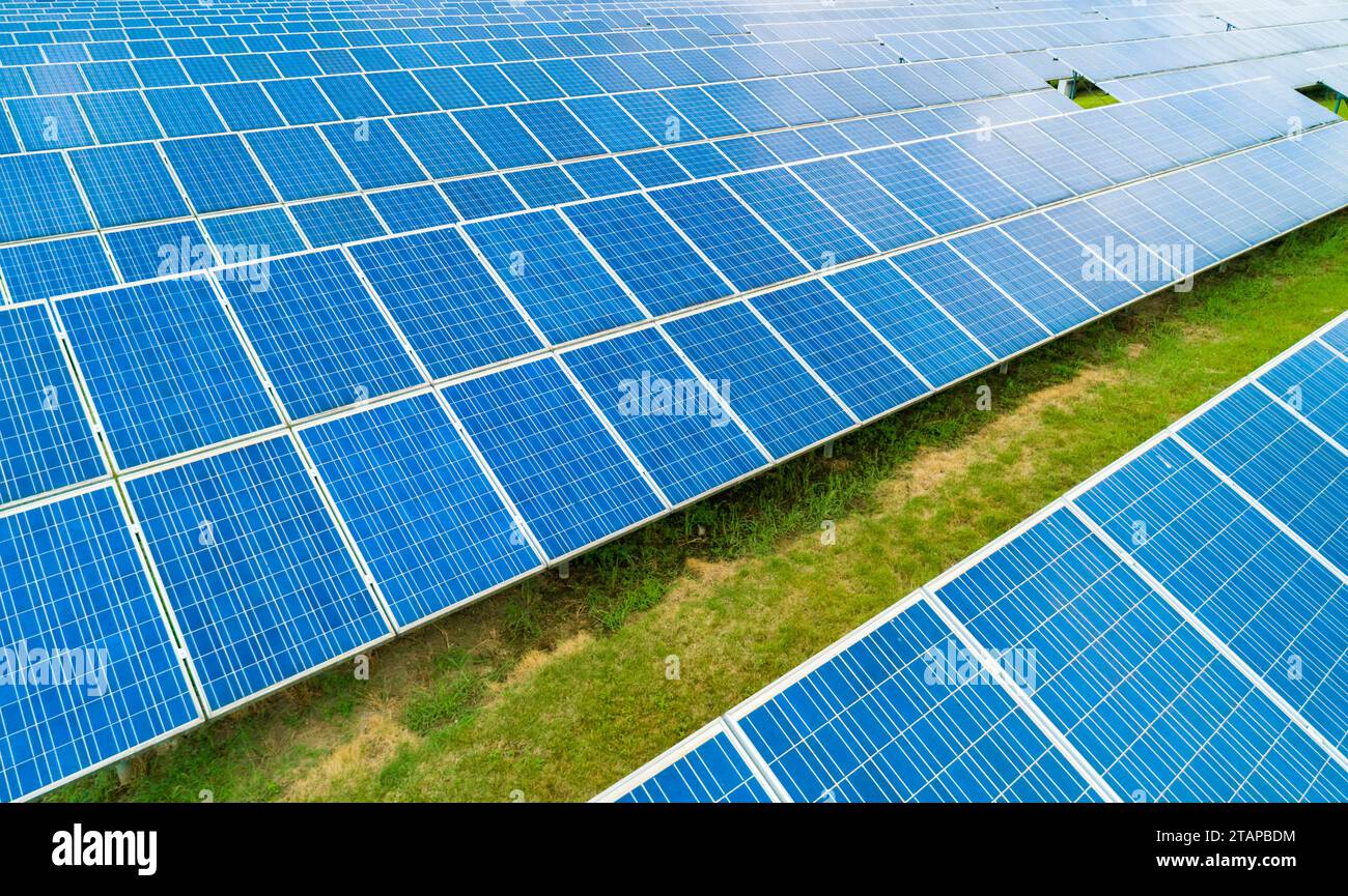 Aerial view of Solar Panels Farm Solar Cell Station. Production of ...