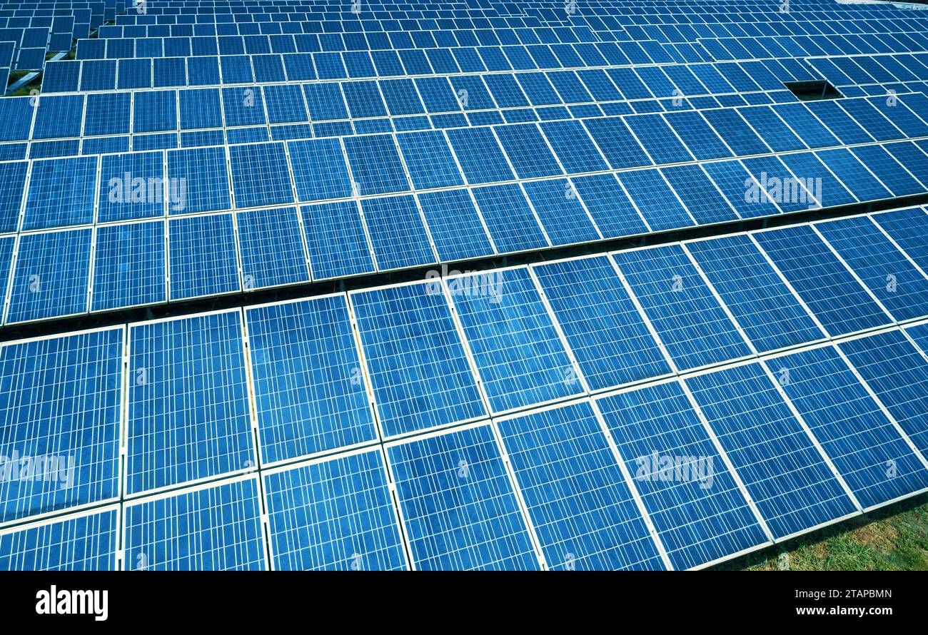 Aerial view of Solar Panels Farm Solar Cell Station. Production of ...