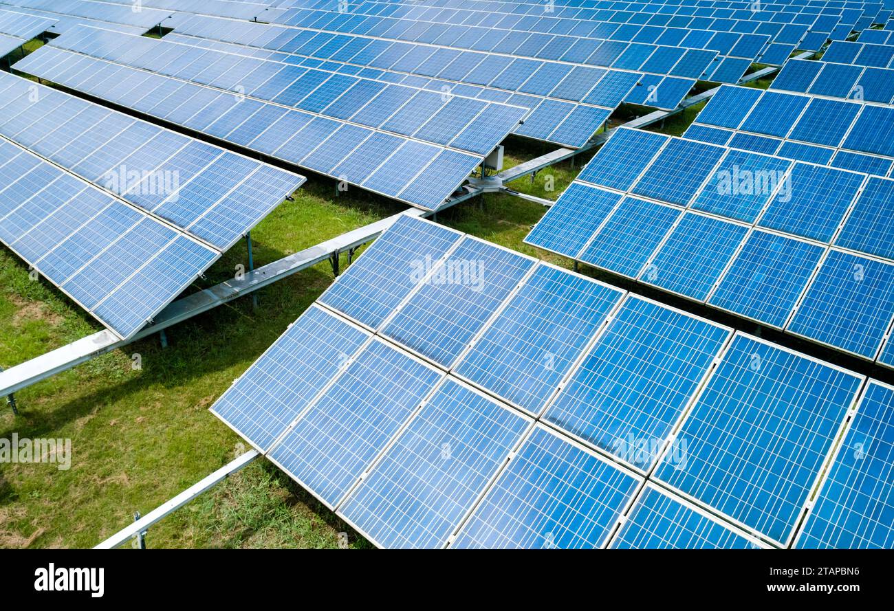 Aerial view of Solar Panels Farm Solar Cell Station. Production of ...