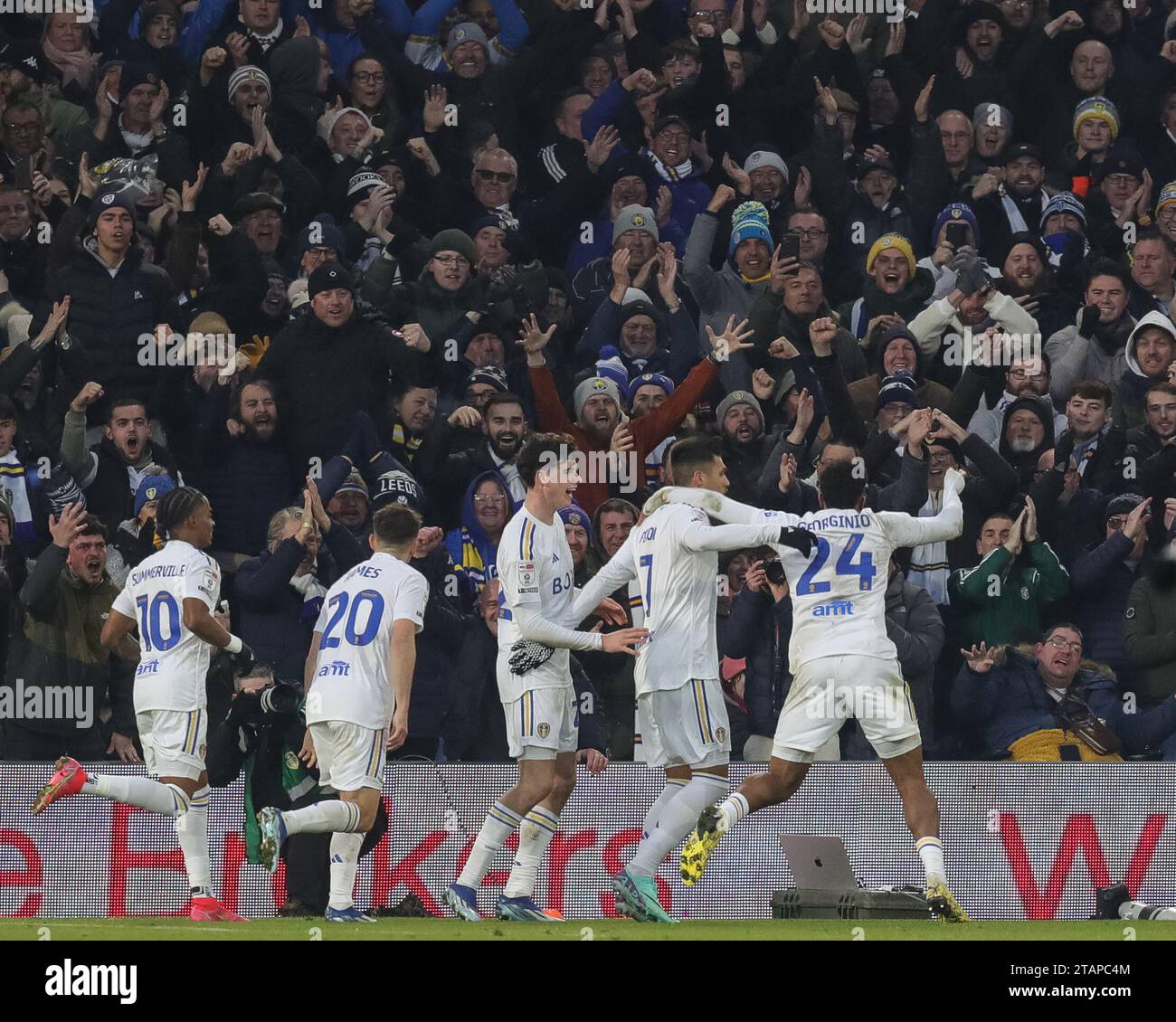 Joël Piroe #7 of Leeds United celebrates his goal to make it 3-1 with ...