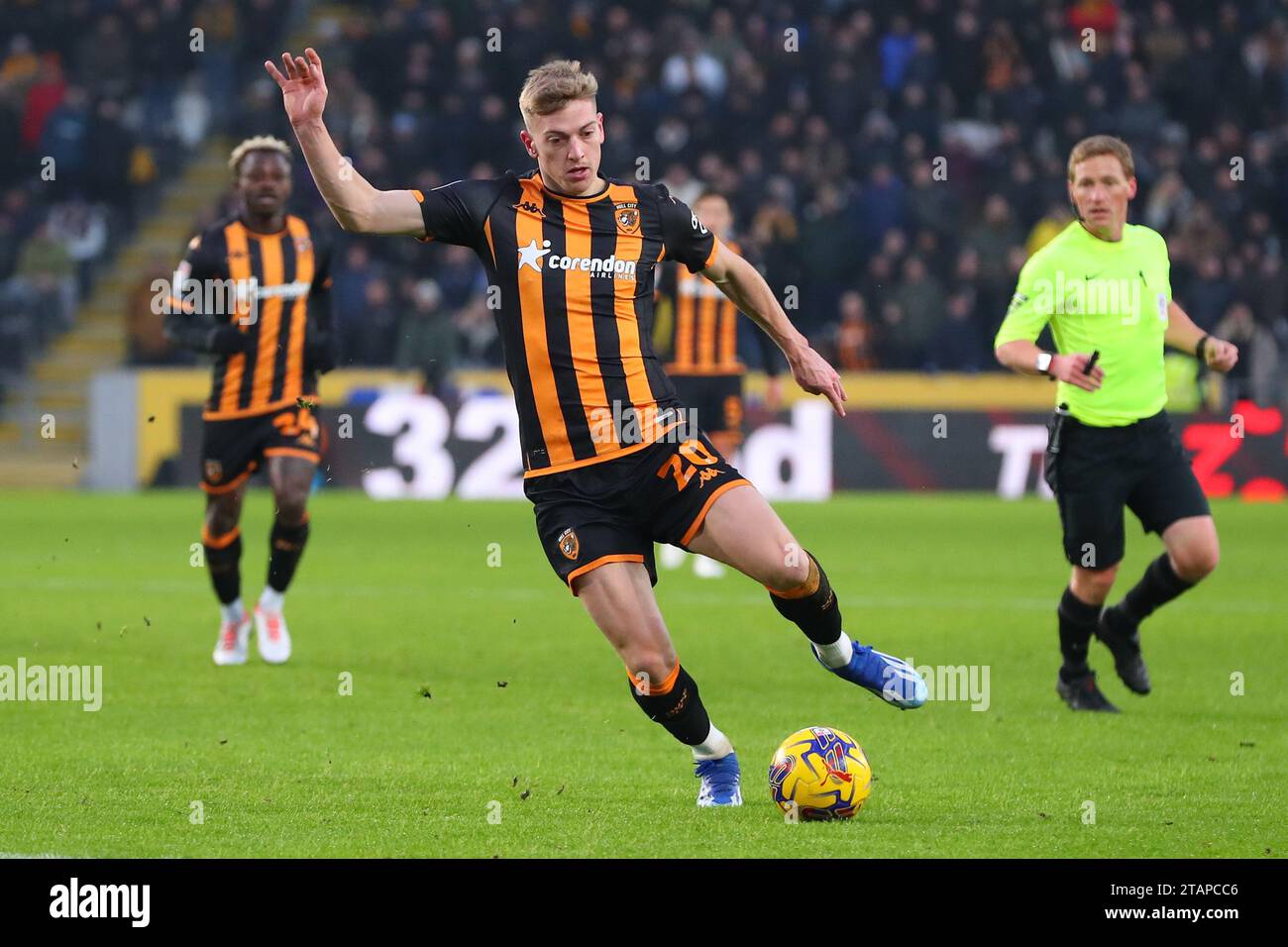 Liam Delap of Hull City during the Sky Bet Championship match Hull City vs Watford at MKM ...