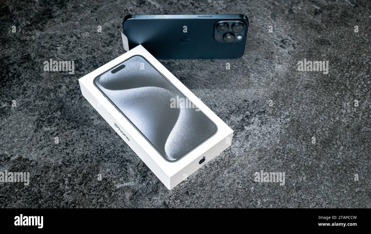 Jurmala, Latvia - 30 11 2023: Box and new smarphone apple iPhone 15 Pro ...