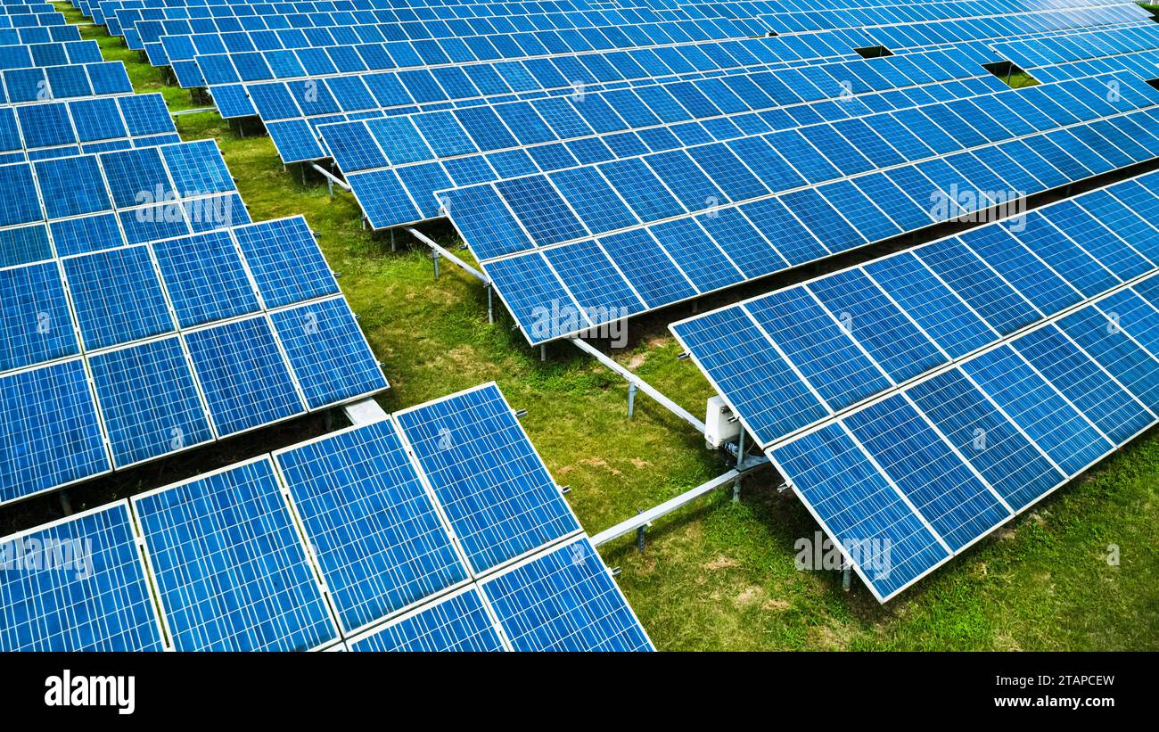 Aerial view of Solar Panels Farm Solar Cell Station. Production of ...