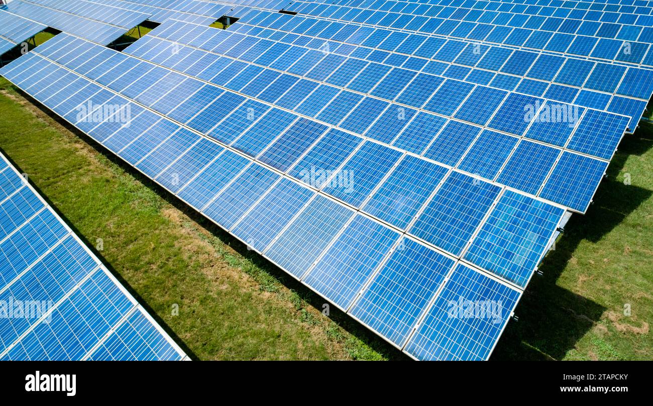 Aerial view of Solar Panels Farm Solar Cell Station. Production of ...