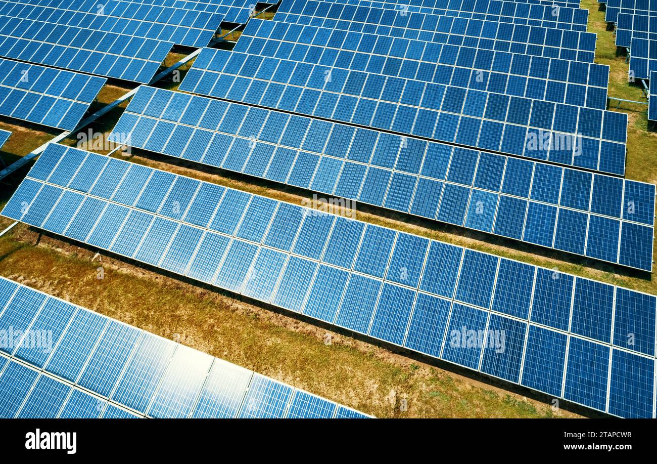 Aerial view of Solar Panels Farm Solar Cell Station. Production of ...
