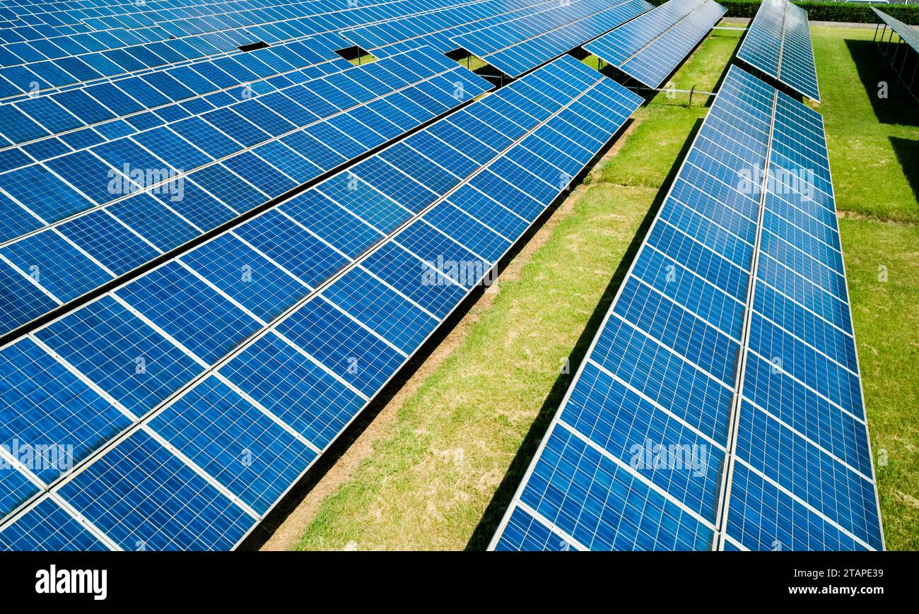 Aerial view of Solar Panels Farm Solar Cell Station. Production of ...