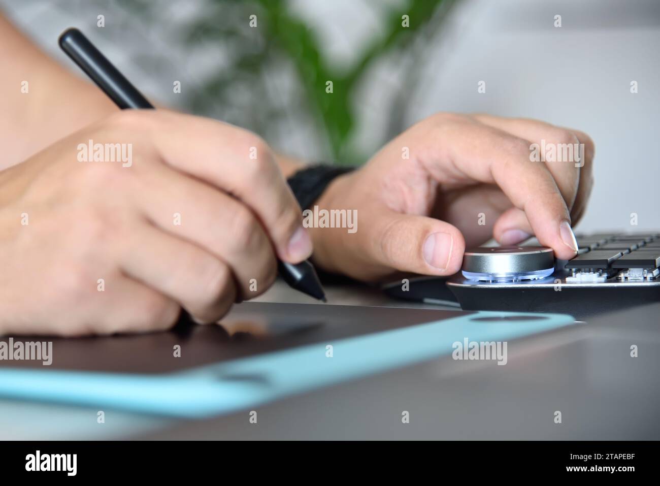 Graphic designer working with digital control wheel and graphic tablet ...