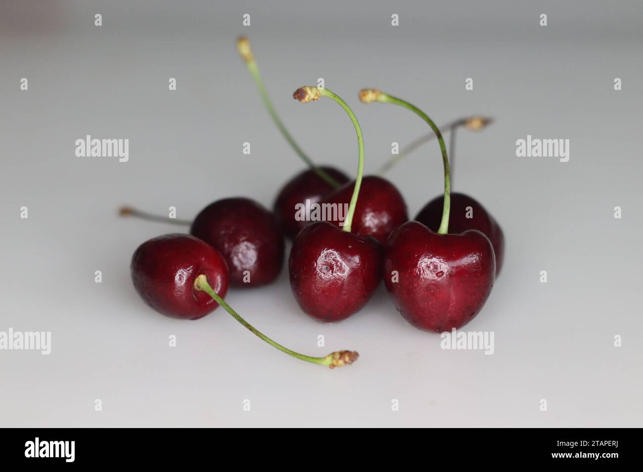 Vibrant, succulent cherries nestled together in a delightful cluster ...