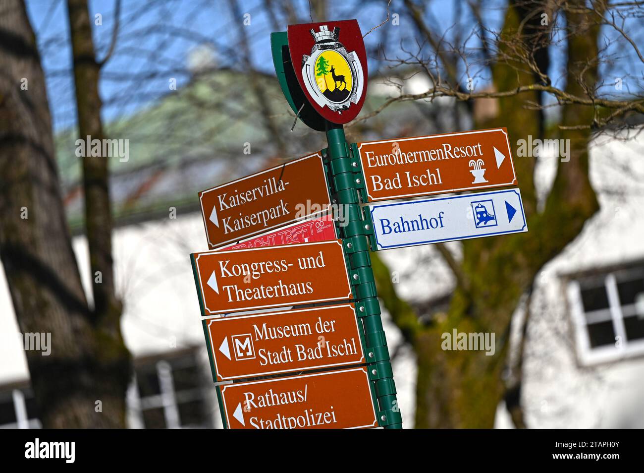 Tourist information signs in Bad Ischl, Salzkammergut, Upper Austria ...