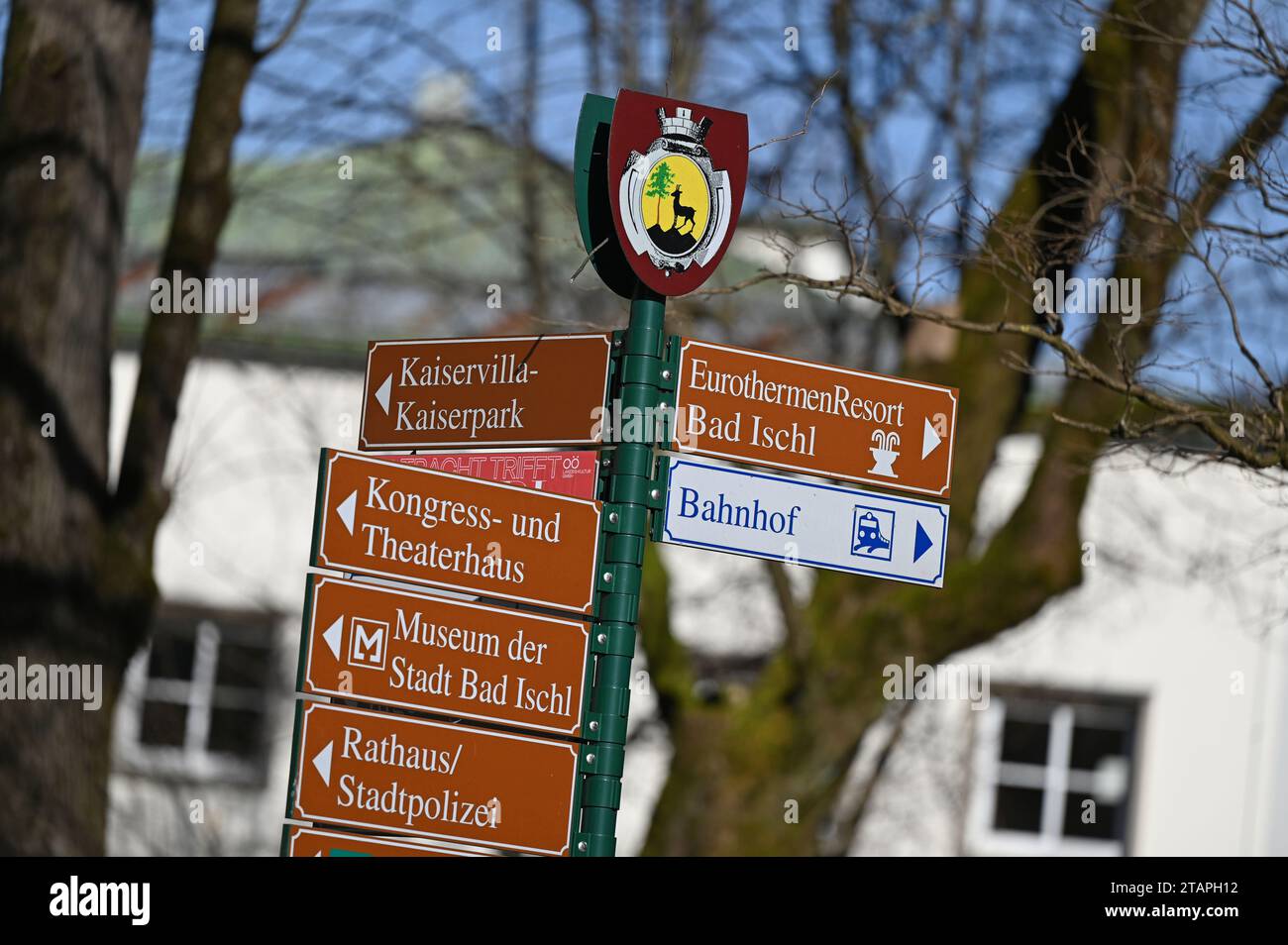Tourist information signs in Bad Ischl, Salzkammergut, Upper Austria ...