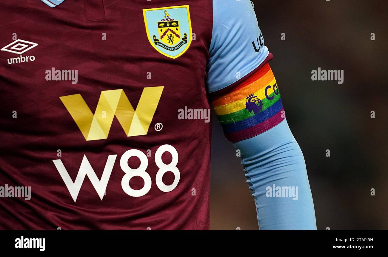 A general view of a rainbow coloured captain's armband during the ...