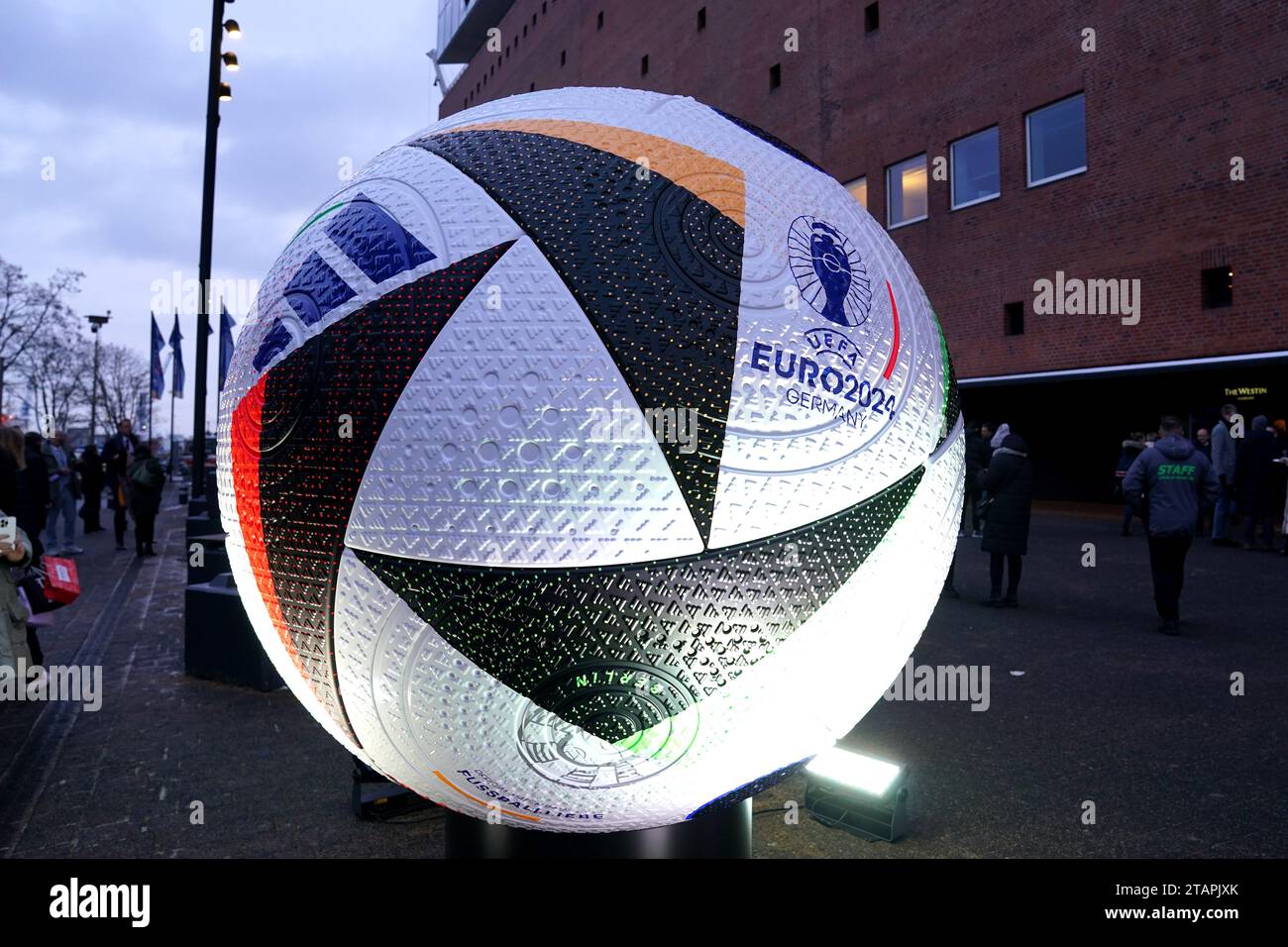 A large statue of an UEFA Euro 2024 branded ball outside the venue ...