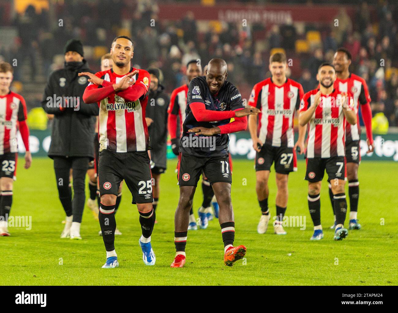 Myles Peart-Harris (left) and Yoane Wissa of Brentford do a celebratory ...
