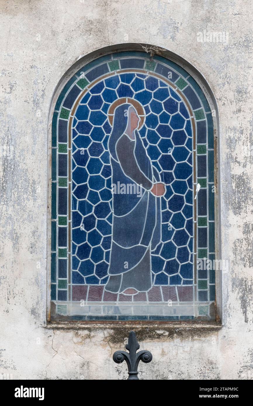 Argentina, Buenos Aires, Recoleta Cemetery. Stained glass window detail ...