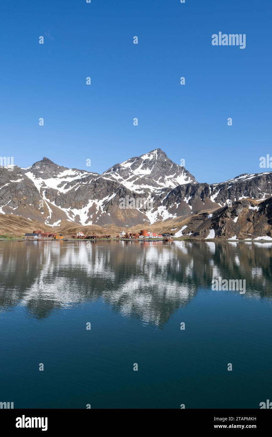 South Georgia, Grytviken. Scenic coastal view of historic whaling ...