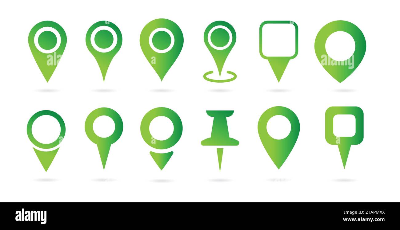 Green Black Location Pointer Set on White Background. Green GPS Tag and ...