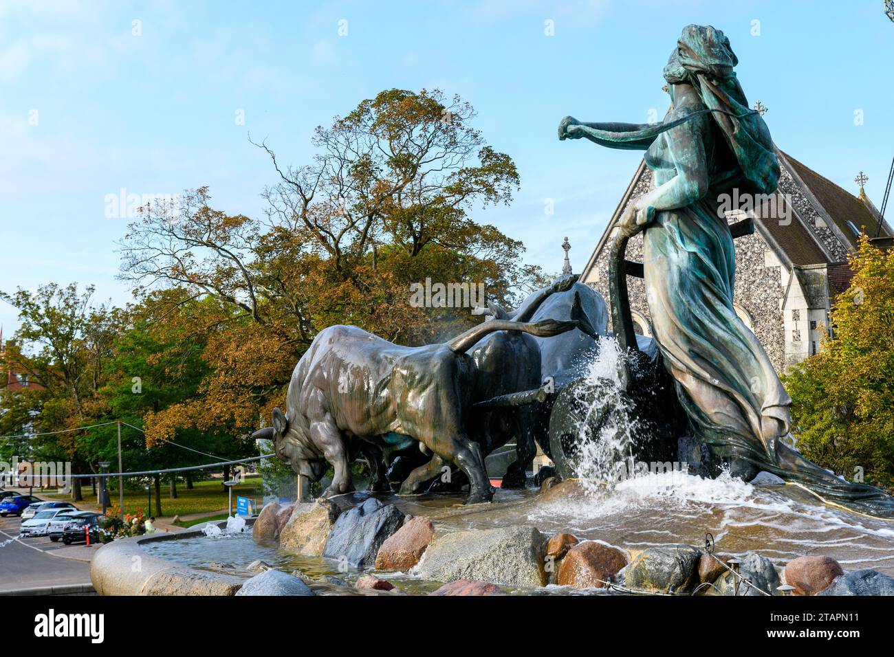 The Gefion fountain in Copenhagen, Denmark. It features a large-scale ...