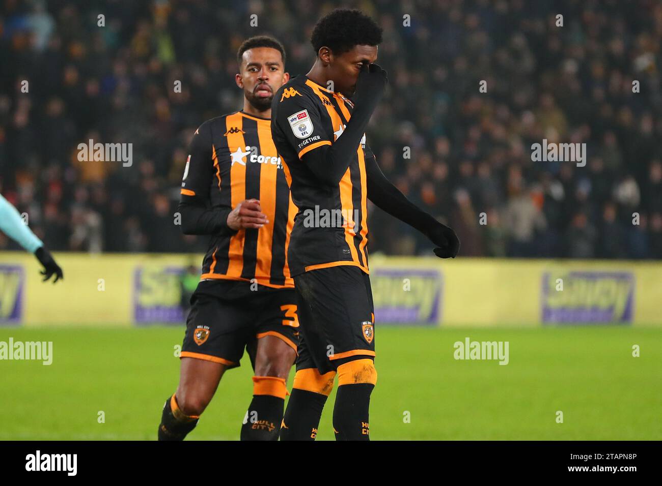 Jaden Philogene of Hull City reacts after missing a penalty during the ...