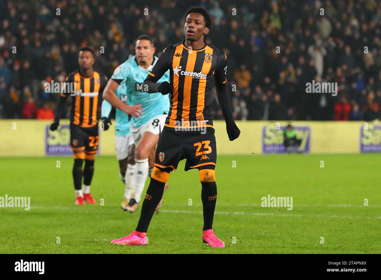 Jaden Philogene of Hull City reacts after missing a penalty during the ...