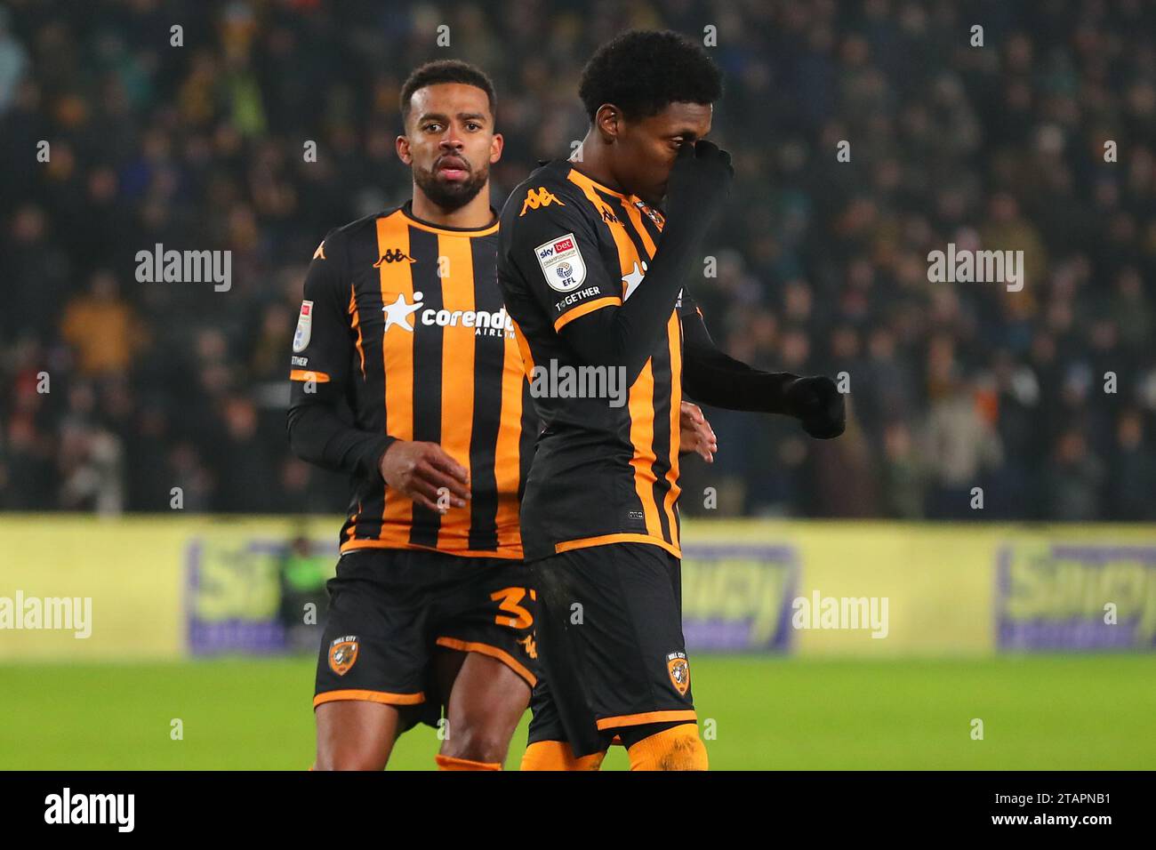 Jaden Philogene of Hull City reacts after missing a penalty during the ...
