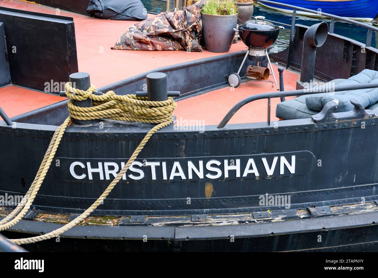 Copenhagen, Denmark: Ship with Label of Christianshavn Stock Photo - Alamy