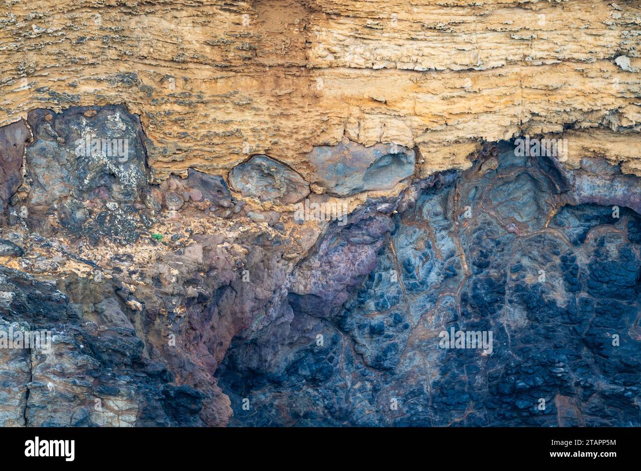 Sharp contact between light-colored limestone layers and underlying ...